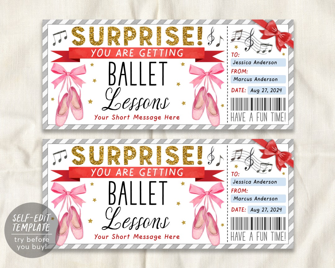Ballet Lessons Ticket Editable Template, Surprise Ballet Classes Gift ...
