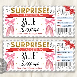 Ballet Lessons Ticket Editable Template, Surprise Ballet Classes Gift ...