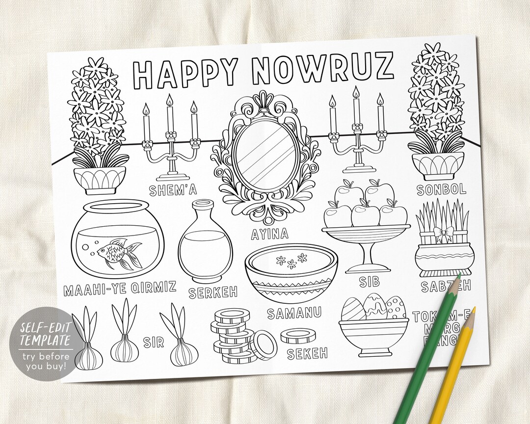 Nowruz Mubarak Happy Persian New Year Party Coloring Placemat for Kids ...
