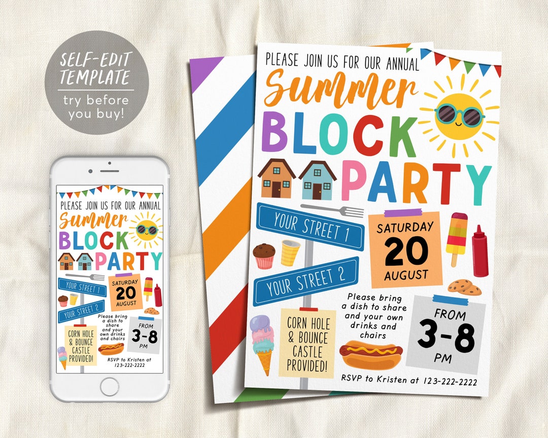 Block Party Invitation Editable Template, Summer Street Neighborhood ...