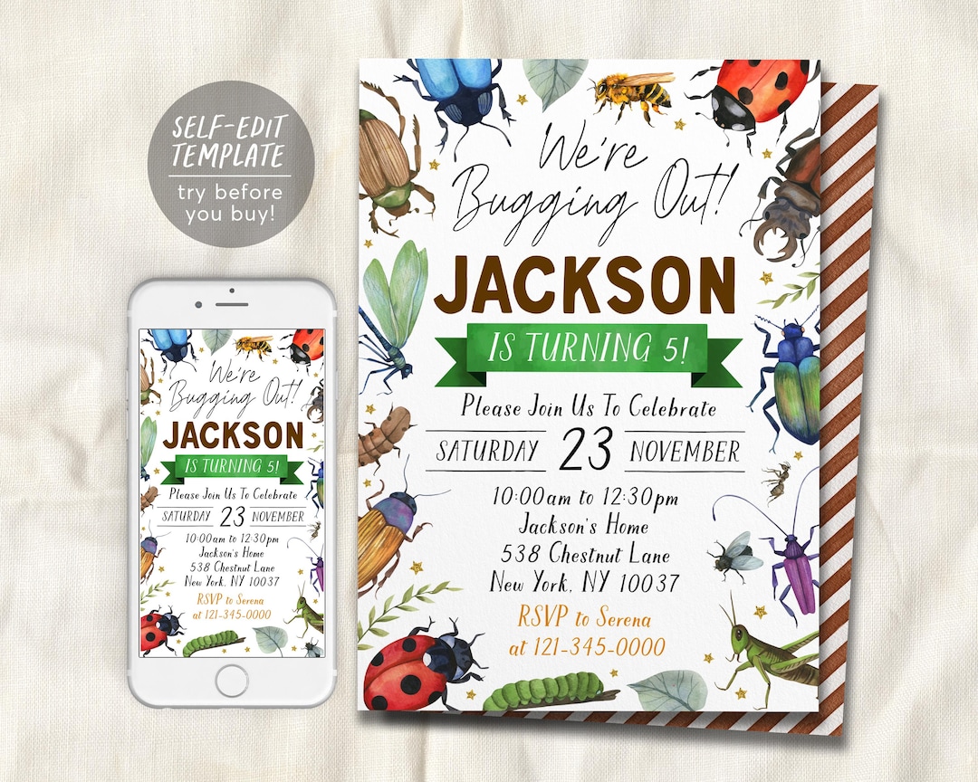 Bugs Insect Birthday Invitation Editable Template, We're Bugging Out ...