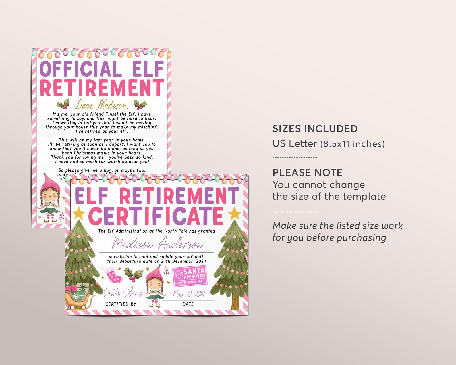 Pink Girl Elf Retirement Letter Bundle Editable Template, Official Elf ...