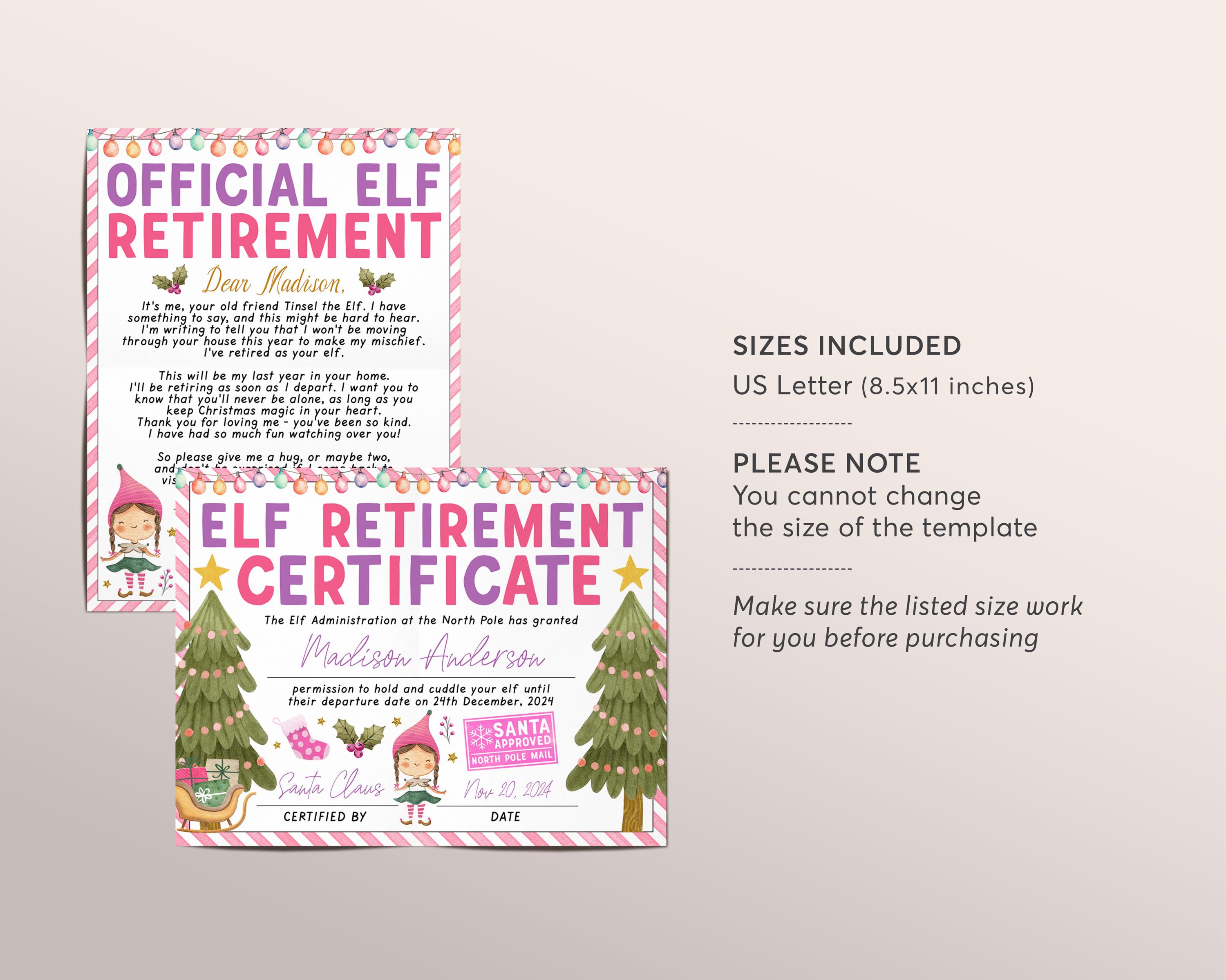 Pink Girl Elf Retirement Letter Bundle Editable Template, Official Elf ...