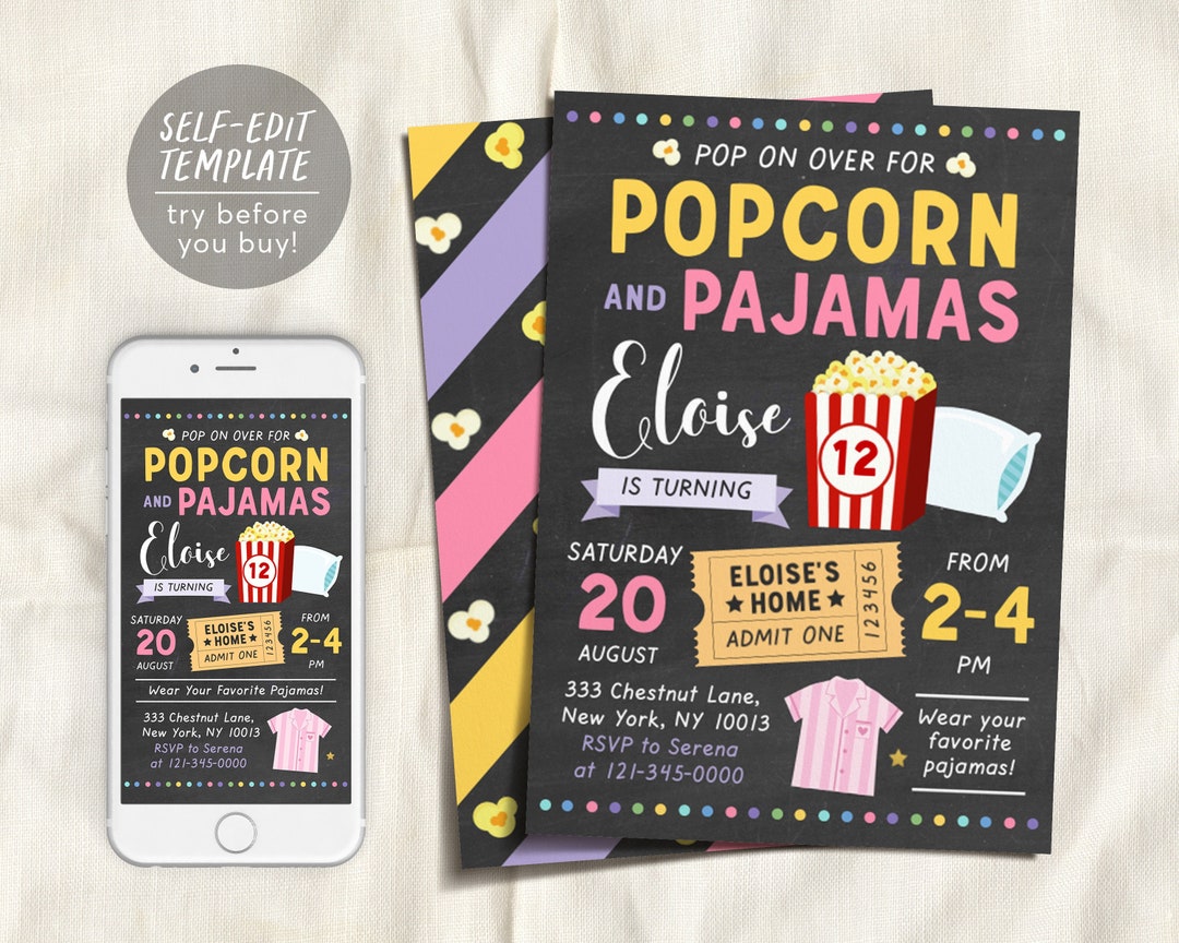 Popcorn and Pajamas Party Birthday Invitation Template, Editable Movie ...