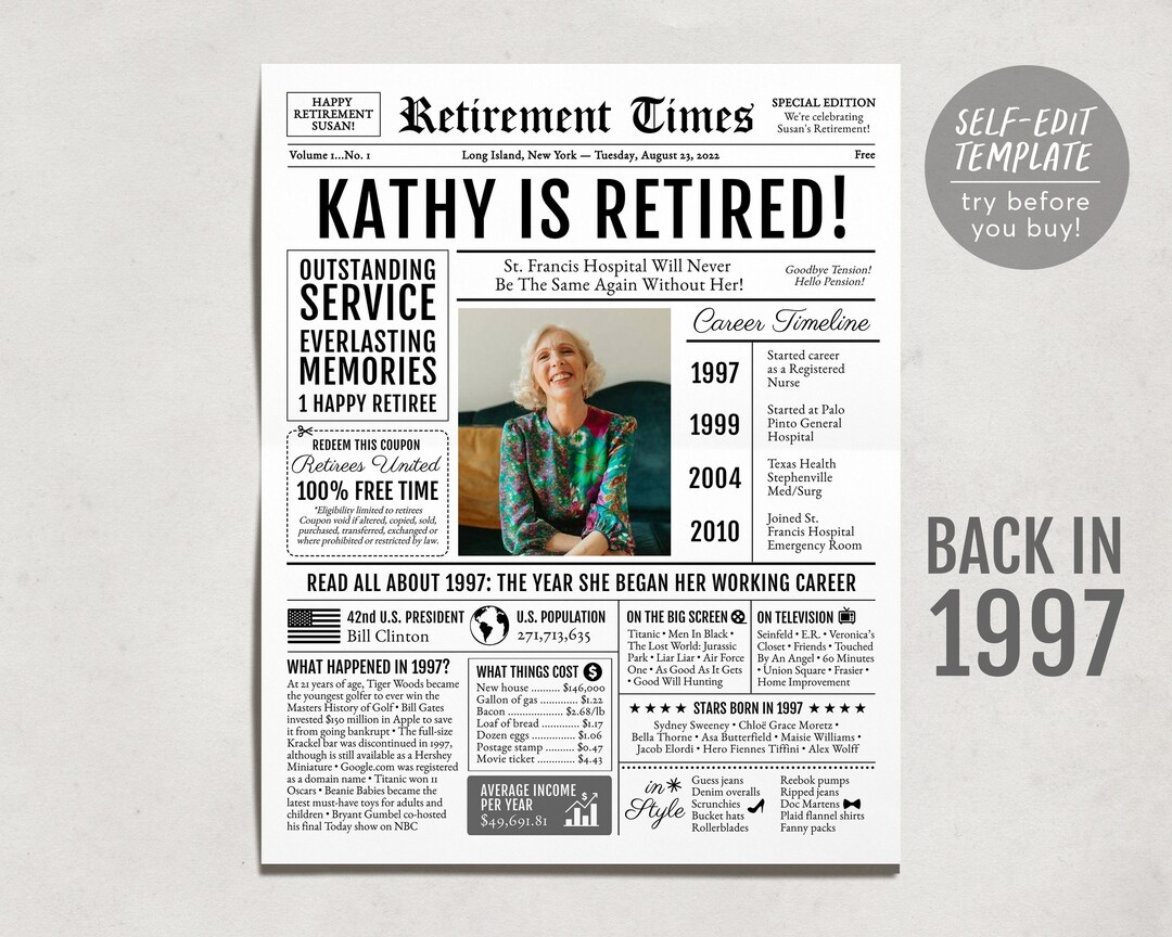 Editable Retirement Celebration Sign, Unique Newspaper Retirement Gifts ...