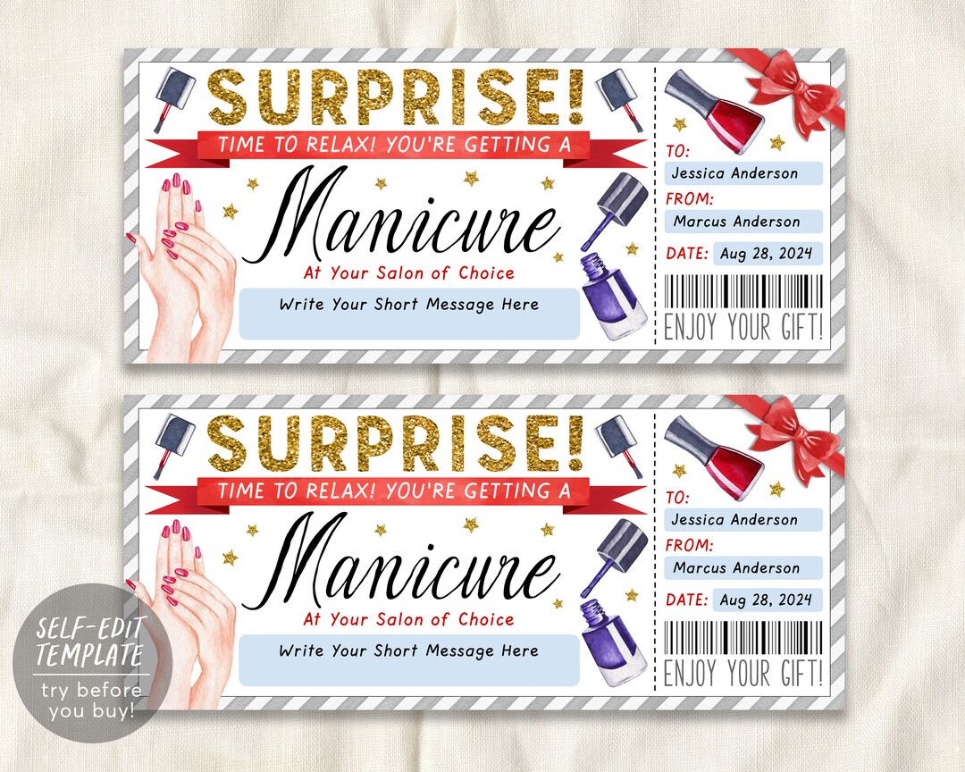 Manicure Ticket Editable Template, Surprise Mani Pedi Gift Certificate ...