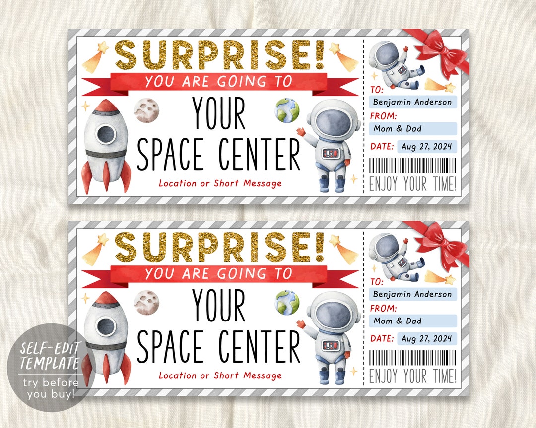 Space Center Surprise Trip Ticket Editable Template, Space Museum Gift ...