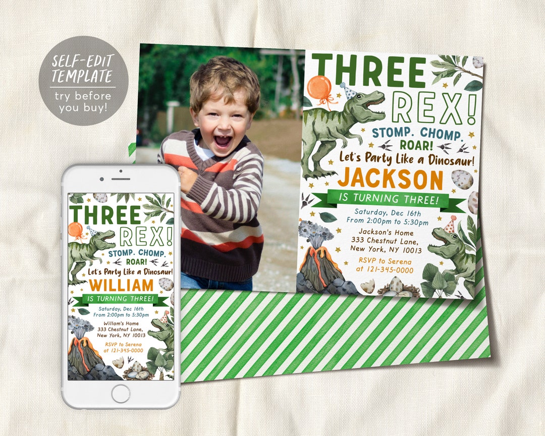 Three Rex Dinosaur Birthday Invitation With Photo Editable Template, T ...