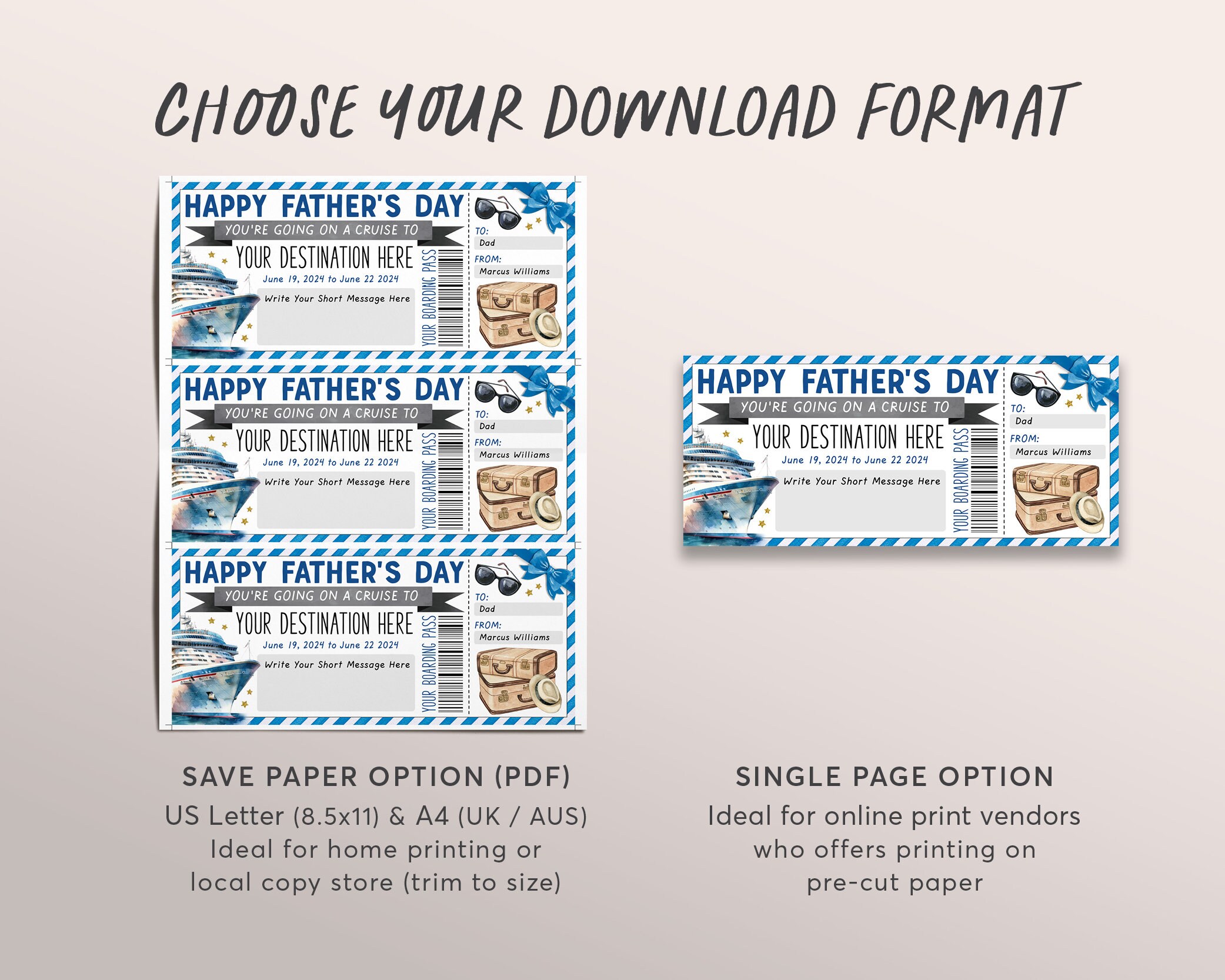 Fathers Day Cruise Boarding Pass Ticket Editable Template, Surprise ...