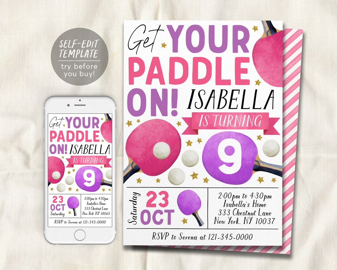 Ping Pong Birthday Invitation Editable Template, Girl Table Tennis ...