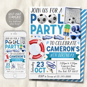 Soccer Pool Party Birthday Invitation Editable Template, Summer Sports ...