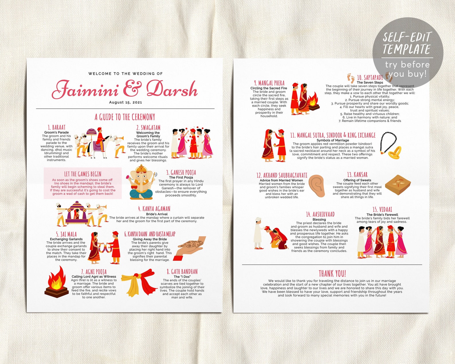Editable Hindu Ceremony Program Hindu Wedding Program Indian - Etsy