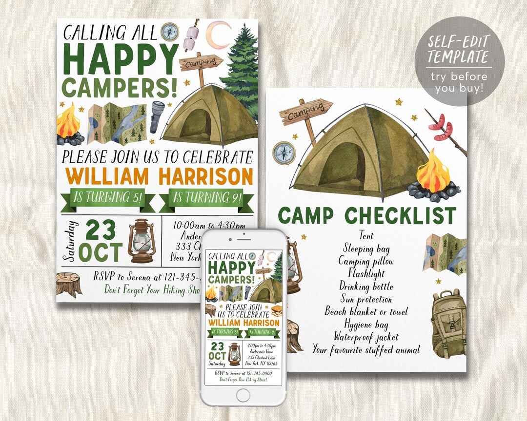 Camping Joint Siblings Birthday Invitation Editable Template, Twin Boys ...