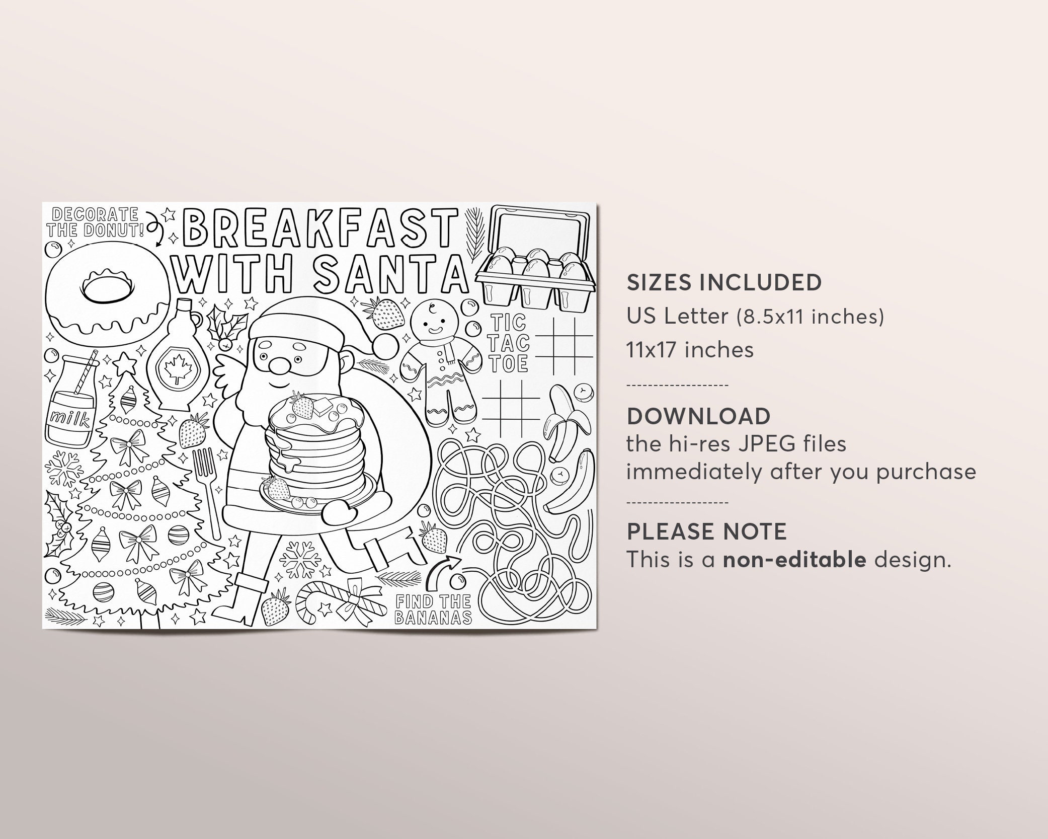 Breakfast With Santa Coloring Page Placemat for Kids, Donuts Pancakes ...