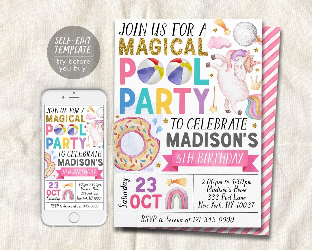 Unicorn Birthday Pool Party Invitation Editable Template, Girl Magical ...