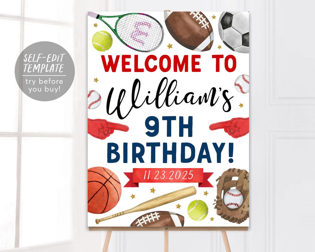 Sports Birthday Welcome Sign Editable Template, Multi Sports Baseball ...