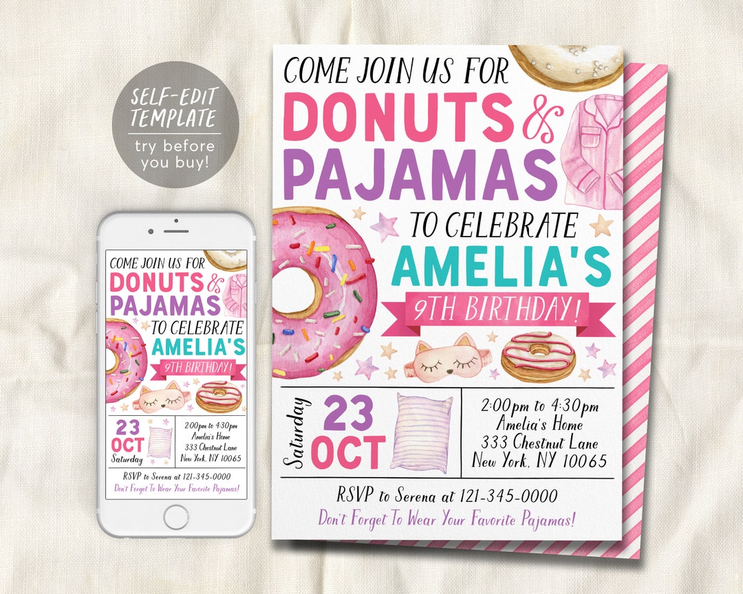 Donuts and Pajamas Birthday Invitation Editable Template, Girl Tween ...