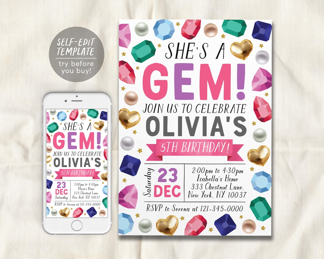 Gems Birthday Invitation Editable Template, She's A Gem Party Invite ...