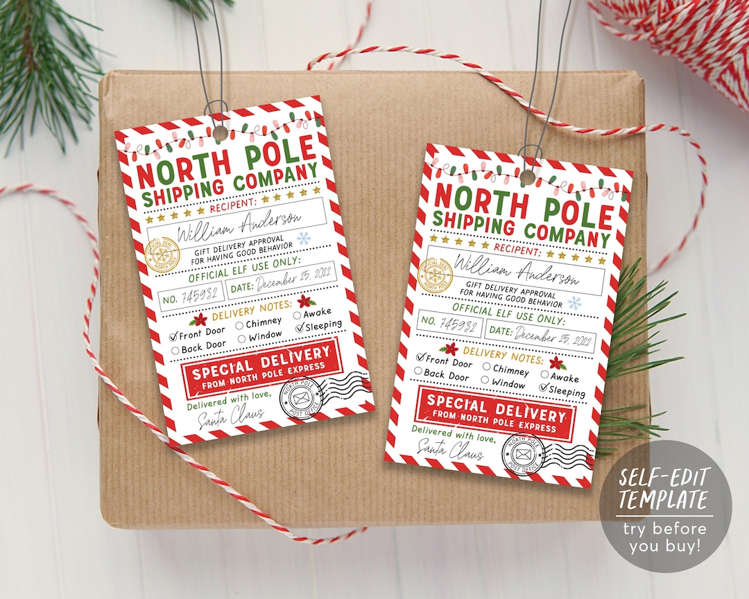 North Pole Delivery Tags Editable Template, Santa Gift Tags, Christmas ...