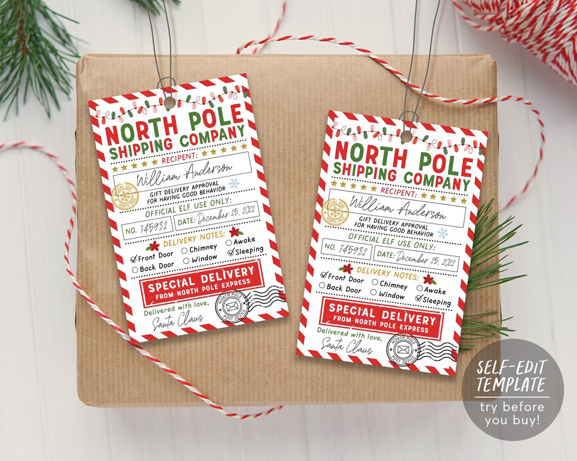 North Pole Delivery Tags Editable Template Santa Gift Tags - Etsy