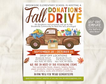 Fall Food Drive Flyer Editable Template, Autumn Drop off Food Bank ...