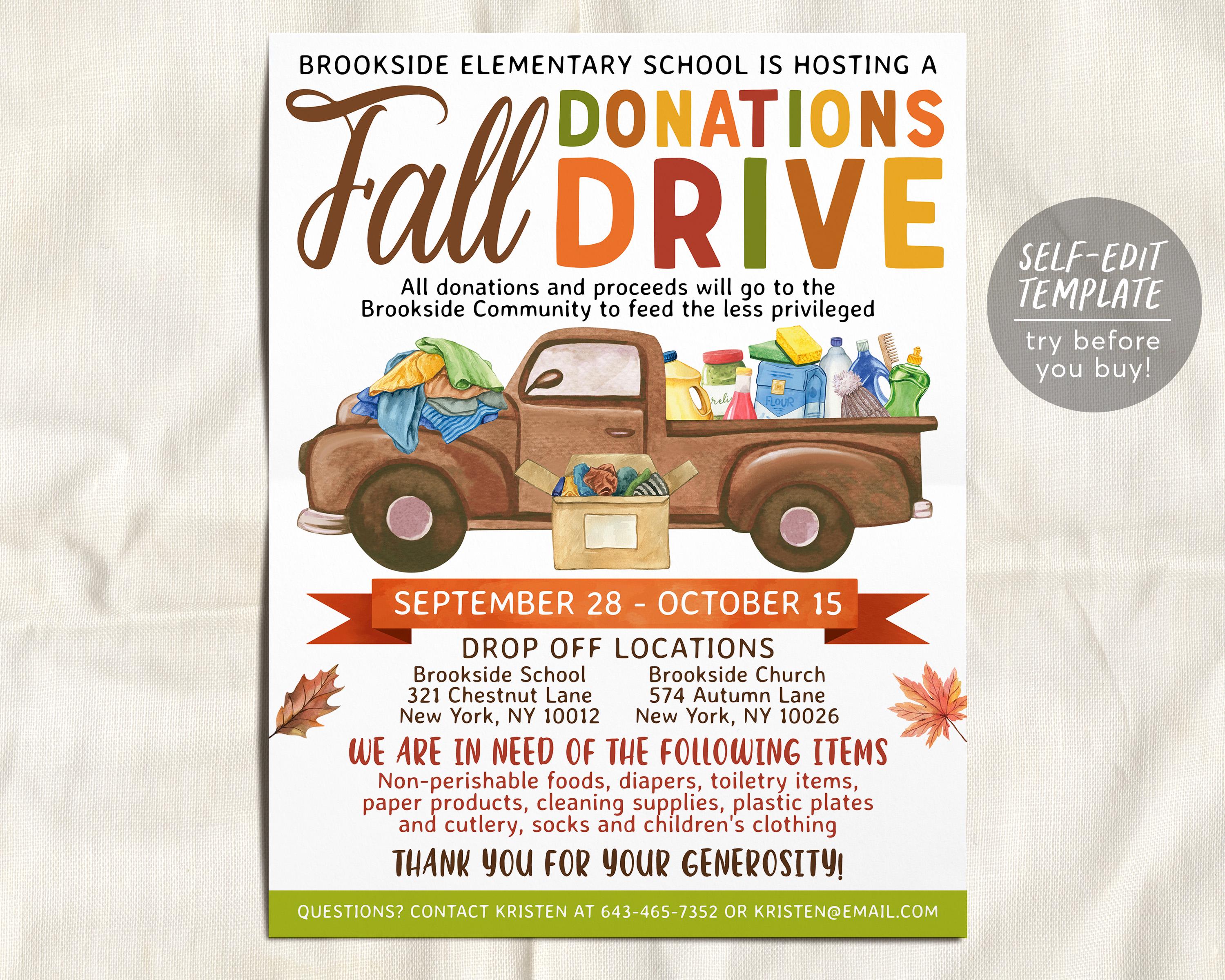 Fall Donation Drive Flyer Editable Template, Thanksgiving Food Drive ...