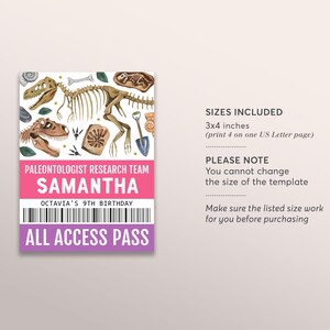 Dinosaur Party ID Badge VIP Pass Editable Template, Girl Paleontologist ...