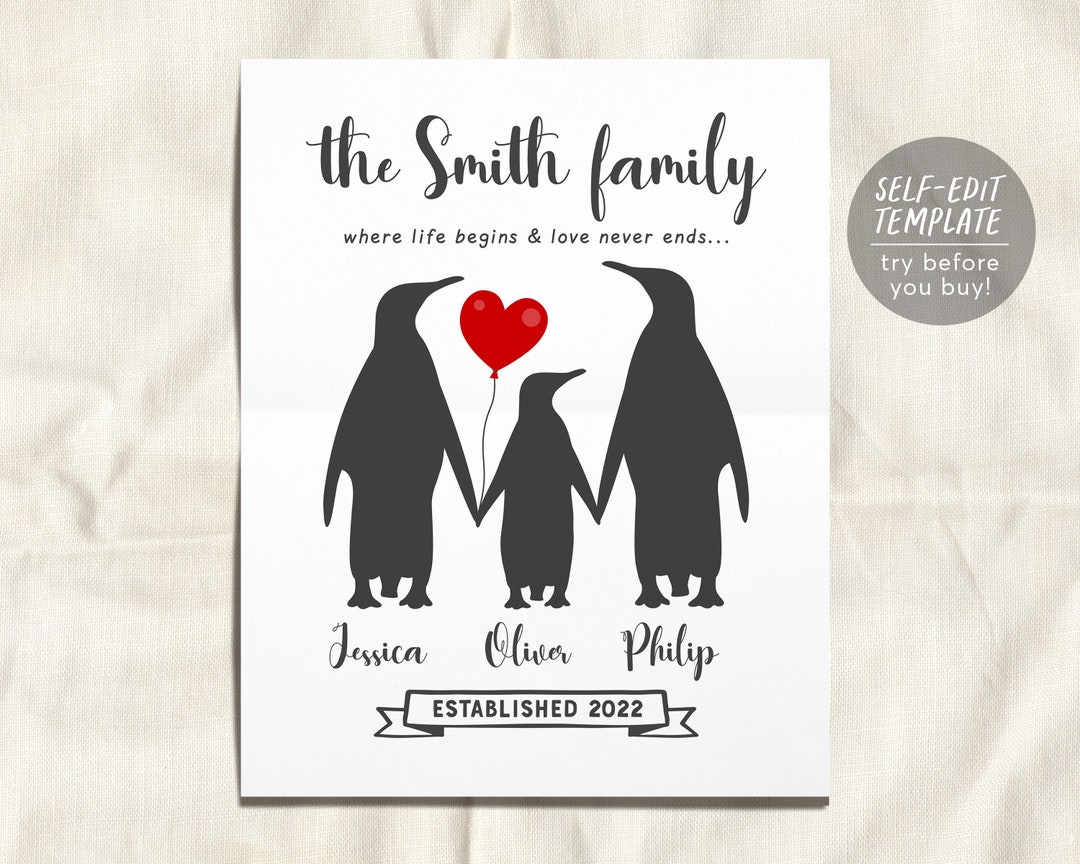 Editable Penguin Family Names Template, New Mom Baby Shower Gift ...