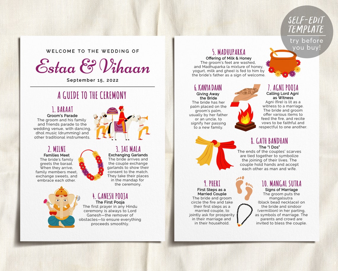 Editable Hindu Ceremony Program Template Hindu Wedding - Etsy