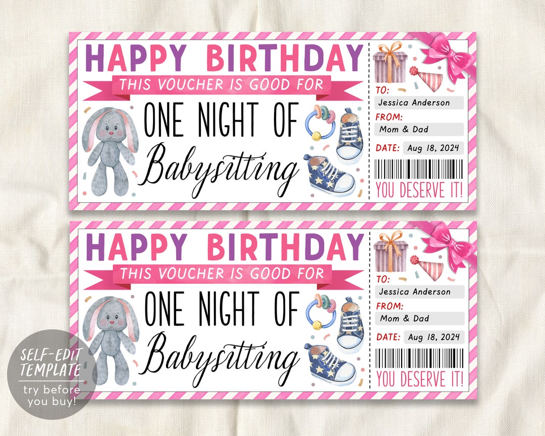 Babysitting Gift Coupon Editable Template, Birthday Surprise Babysitter ...