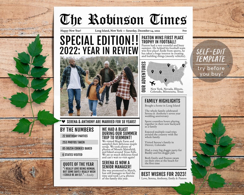 Year in Review Family Newspaper Editable Template, Newsletter Family ...