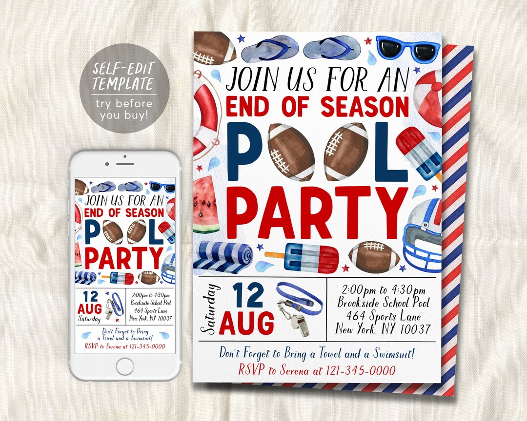 Football Pool Party Invitation Editable Template, Football End of ...