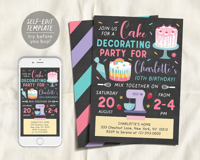 Cake Decorating Birthday Party Invitation Editable Template - Etsy