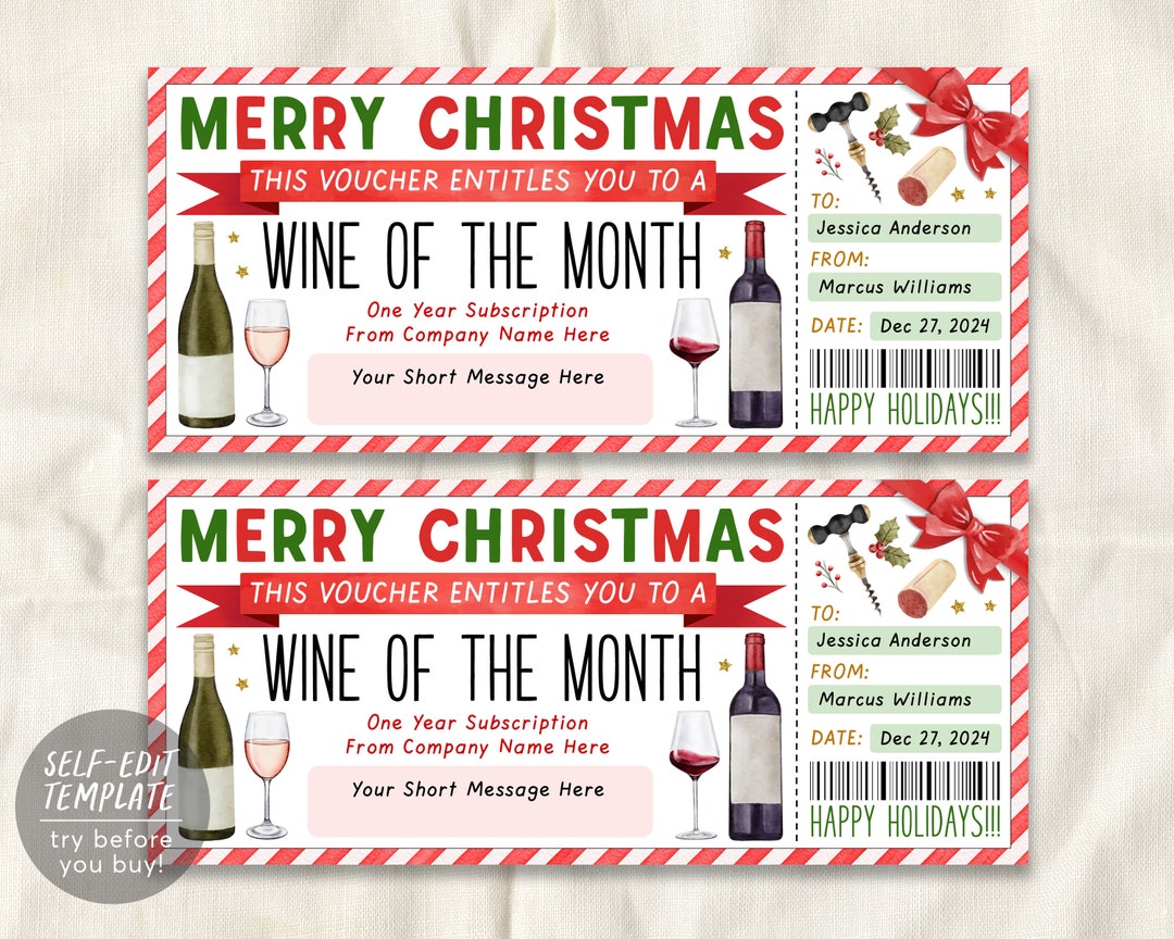 Wine Subscription Gift Certificate Editable Template, Christmas ...