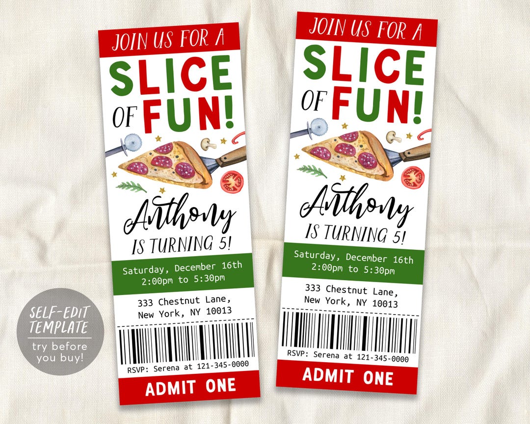Pizza Birthday Ticket Invitation Editable Template, Kids Pizza Party ...