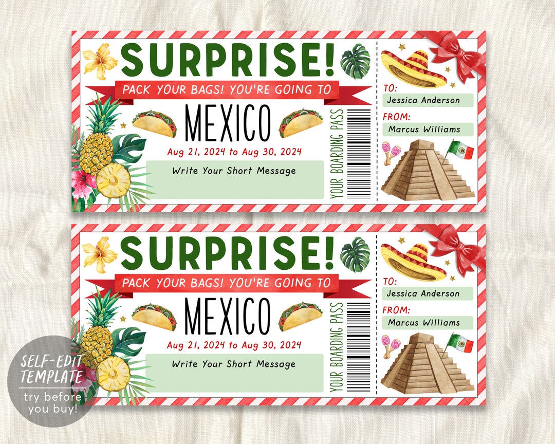 Mexico Trip Ticket Boarding Pass Editable Template, Surprise Travel ...