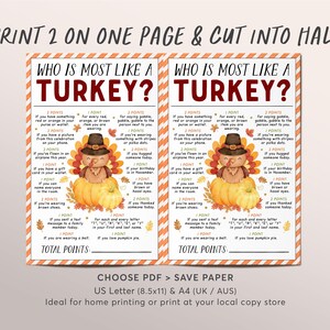 Thanksgiving Game Who is Most Like the Turkey Printable, Fall ...