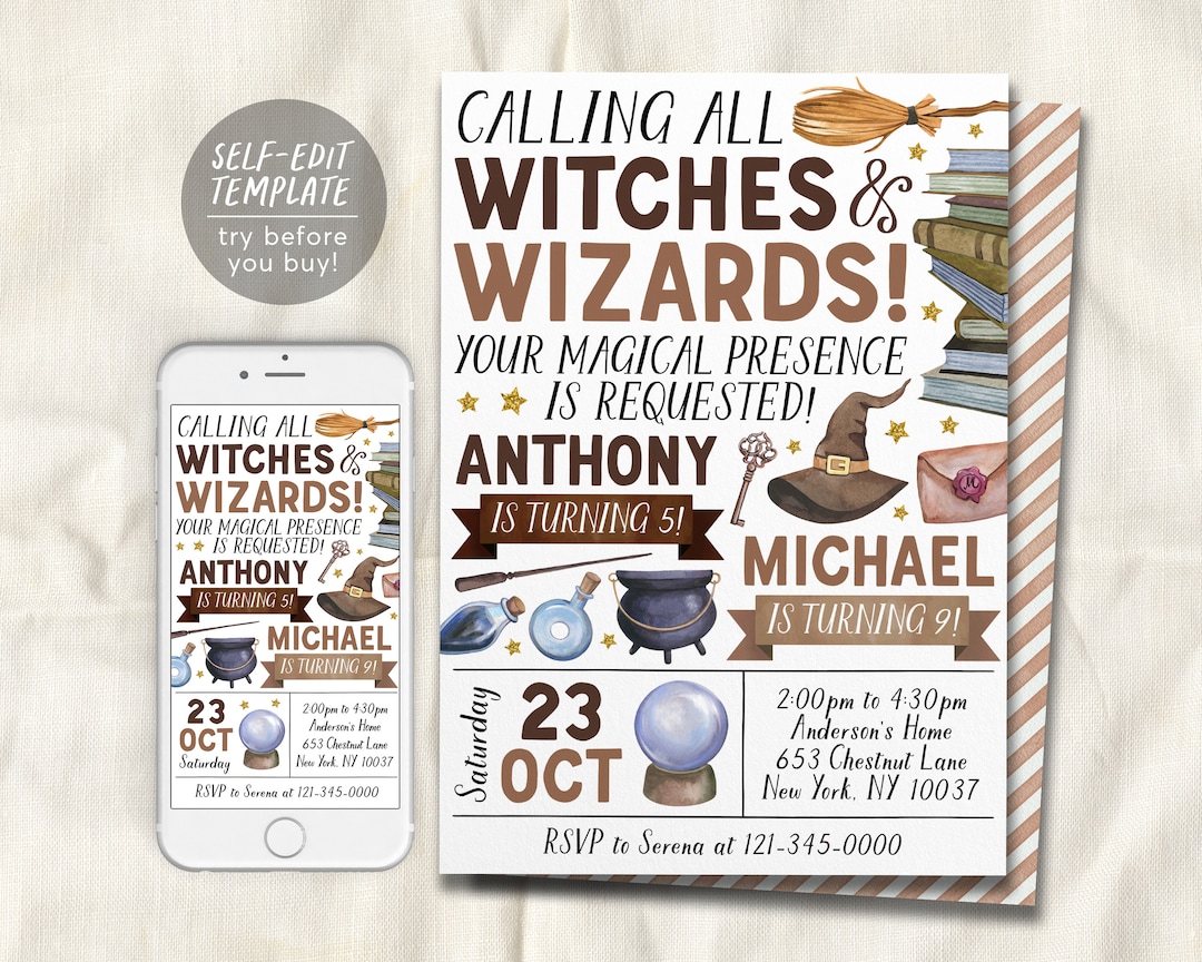 Wizard Joint Siblings Birthday Invitation Editable Template, Twins ...