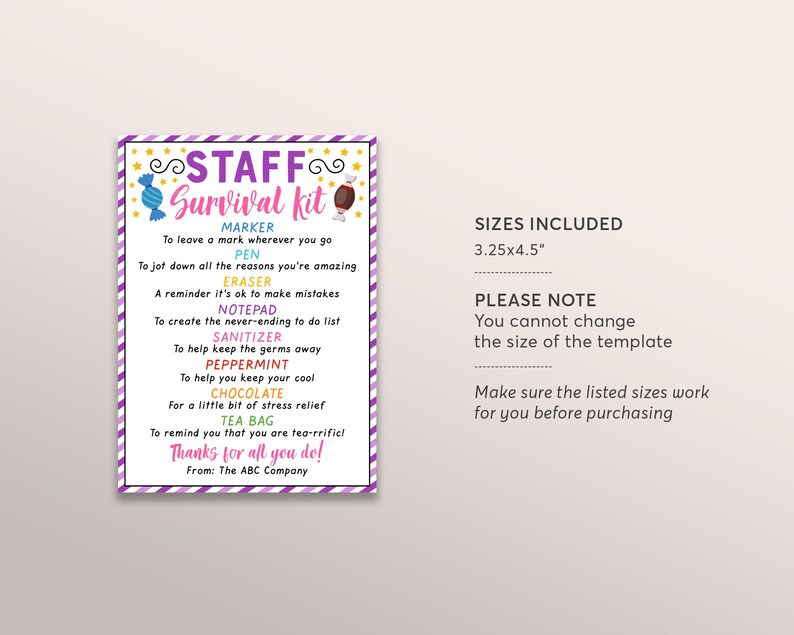 Staff Survival Kit Tag Editable Template Employee - Etsy