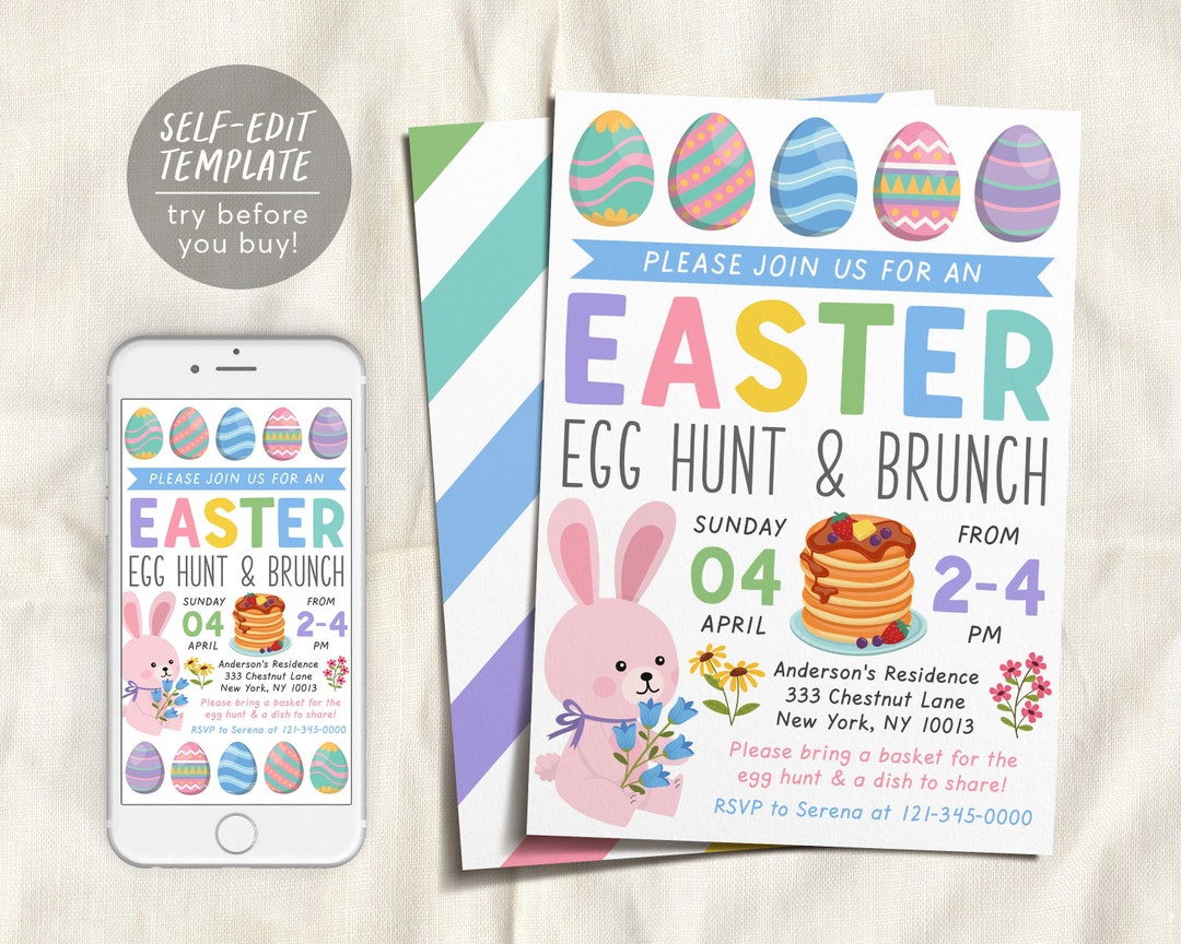 Easter Egg Hunt Brunch Invitation Editable Template, Spring Easter ...