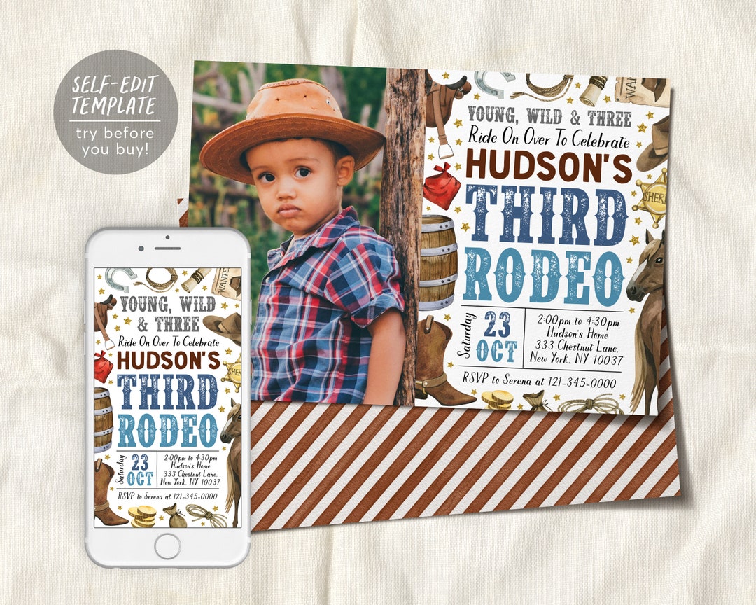 Third Rodeo Birthday Invitation With Photo Editable Template, Cowboy ...