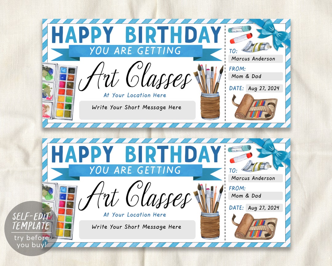 Art Class Gift Certificate Editable Template, Birthday Surprise ...