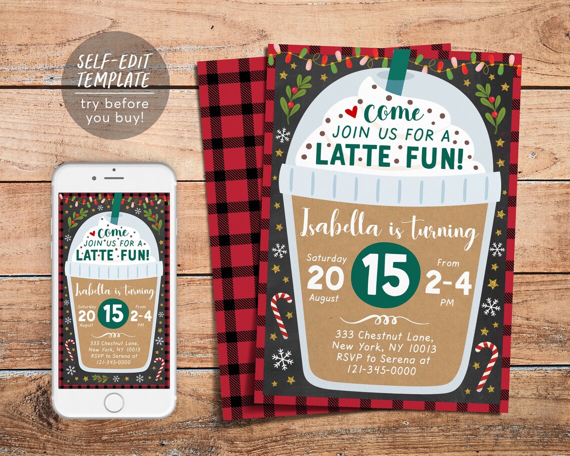 Christmas Coffee Birthday Invitation Editable Template Latte - Etsy