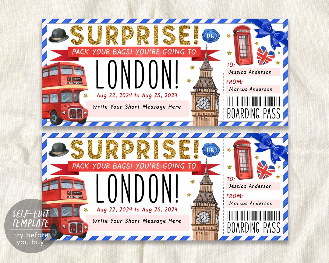 London Gift Ticket Boarding Pass Editable Template, Surprise Travel ...