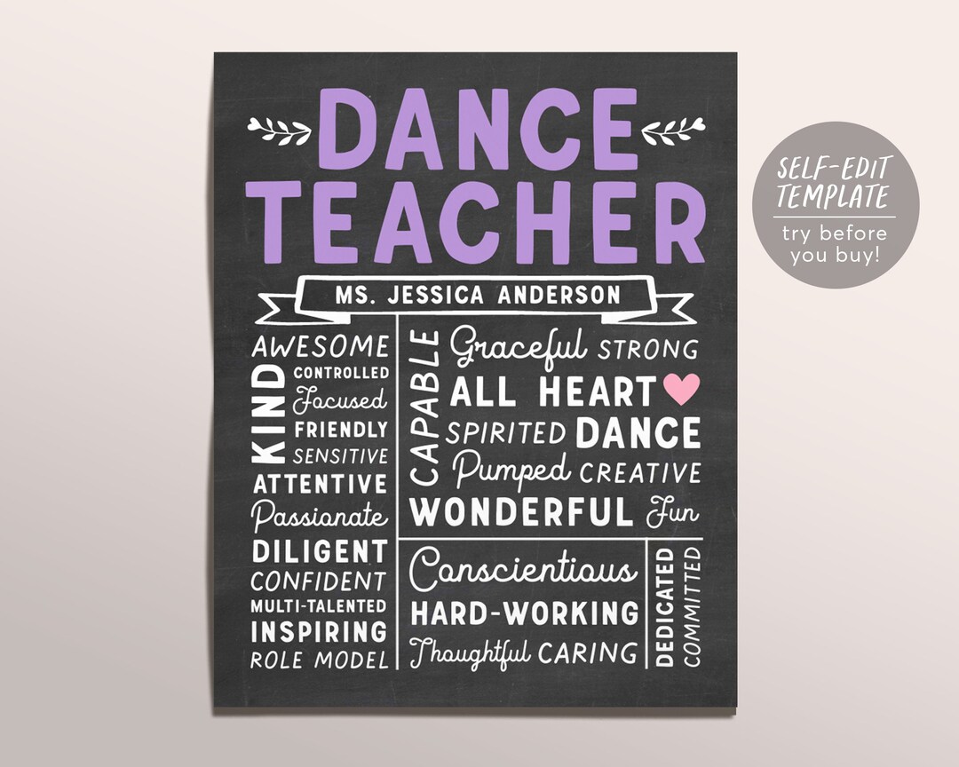 Editable Dance Teacher Chalkboard Gift Print Template, Dancer Ballet ...