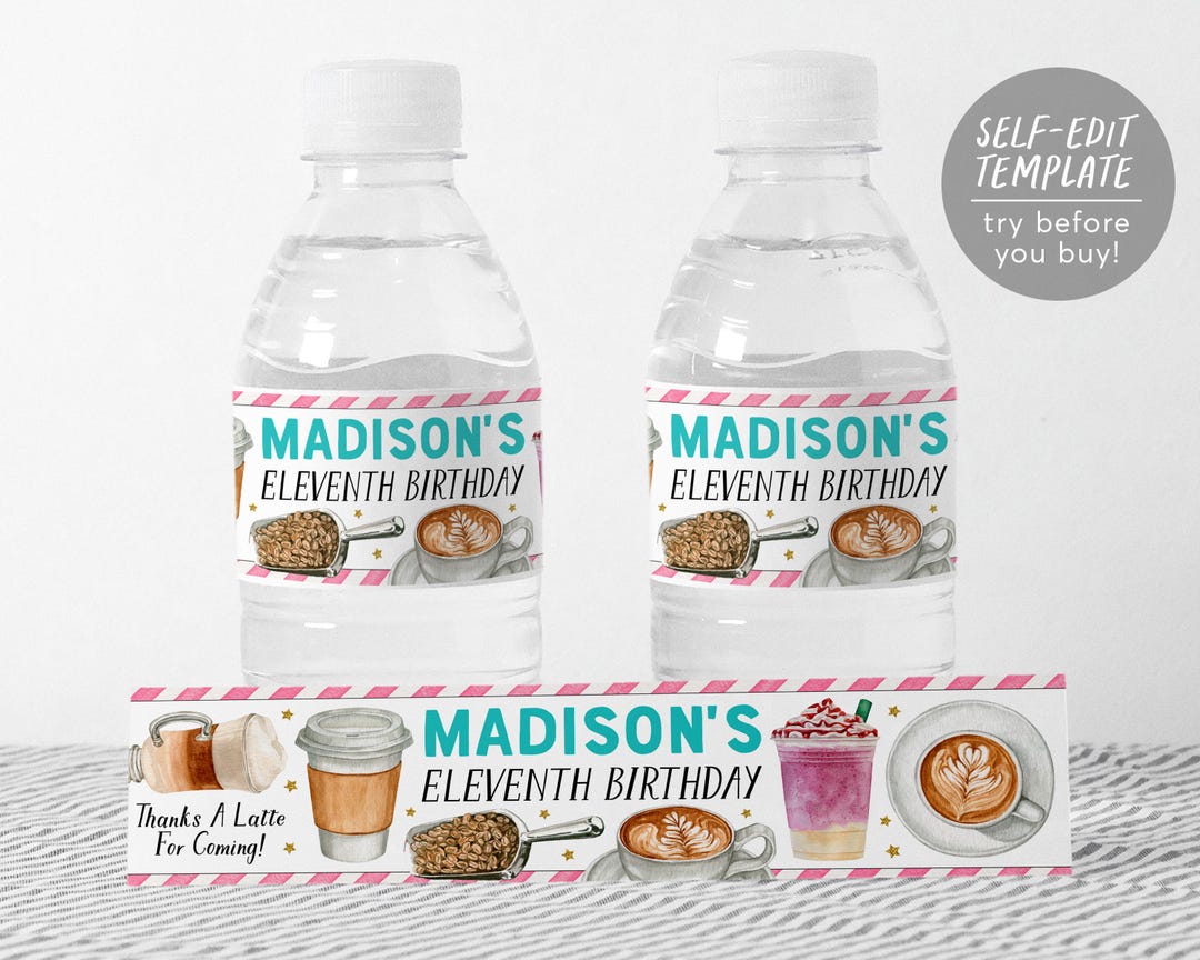 Coffee Shop Water Bottle Labels Editable Template, Pink Latte Fun ...