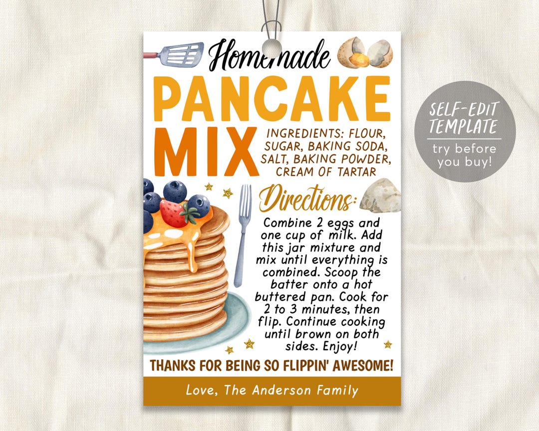 Pancake Mix in a Jar Gift Tag Editable Template, Pancake Recipe Favor ...