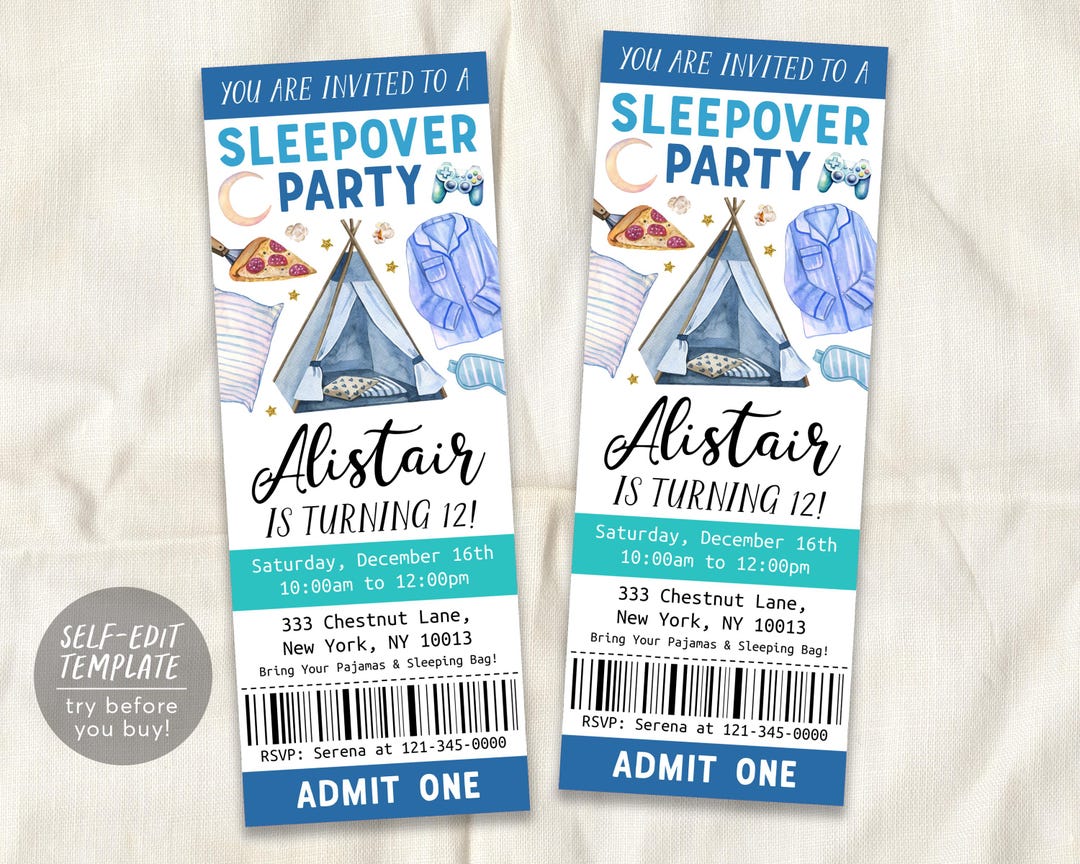 Sleepover Birthday Ticket Invitation Editable Template, Boy Slumber ...