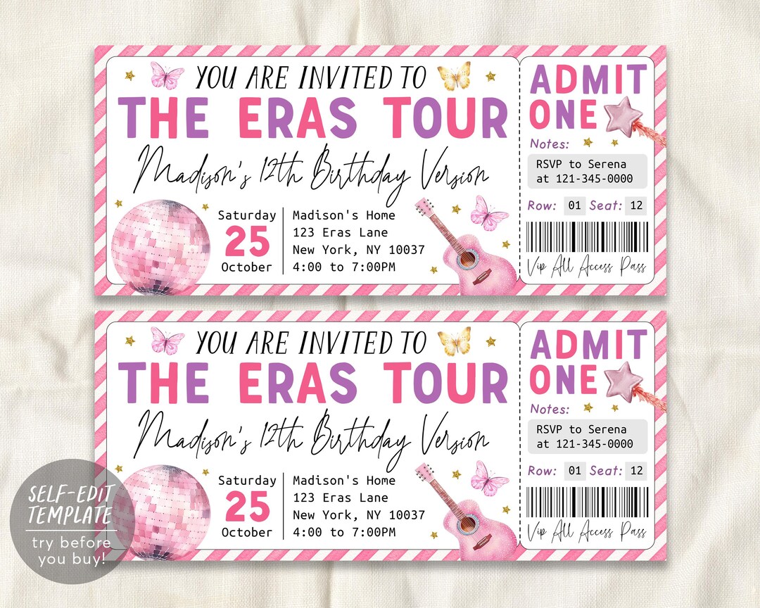 Eras Birthday Ticket Invitation Editable Template, Eras Tour Party ...