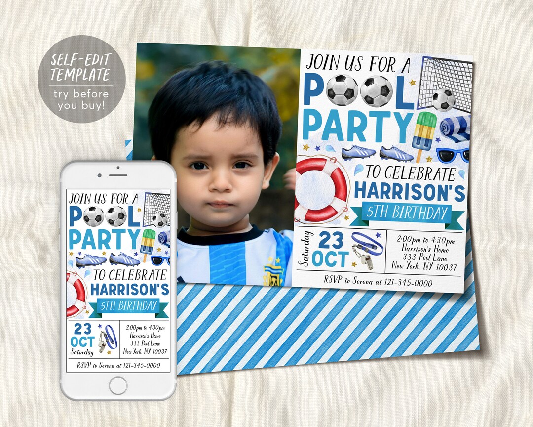 Soccer Pool Party Birthday Invitation With Photo Editable Template ...